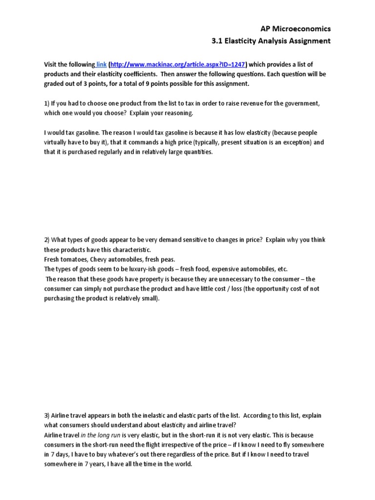 AP Microeconomics Elasticity Task | PDF | Finance & Money Management