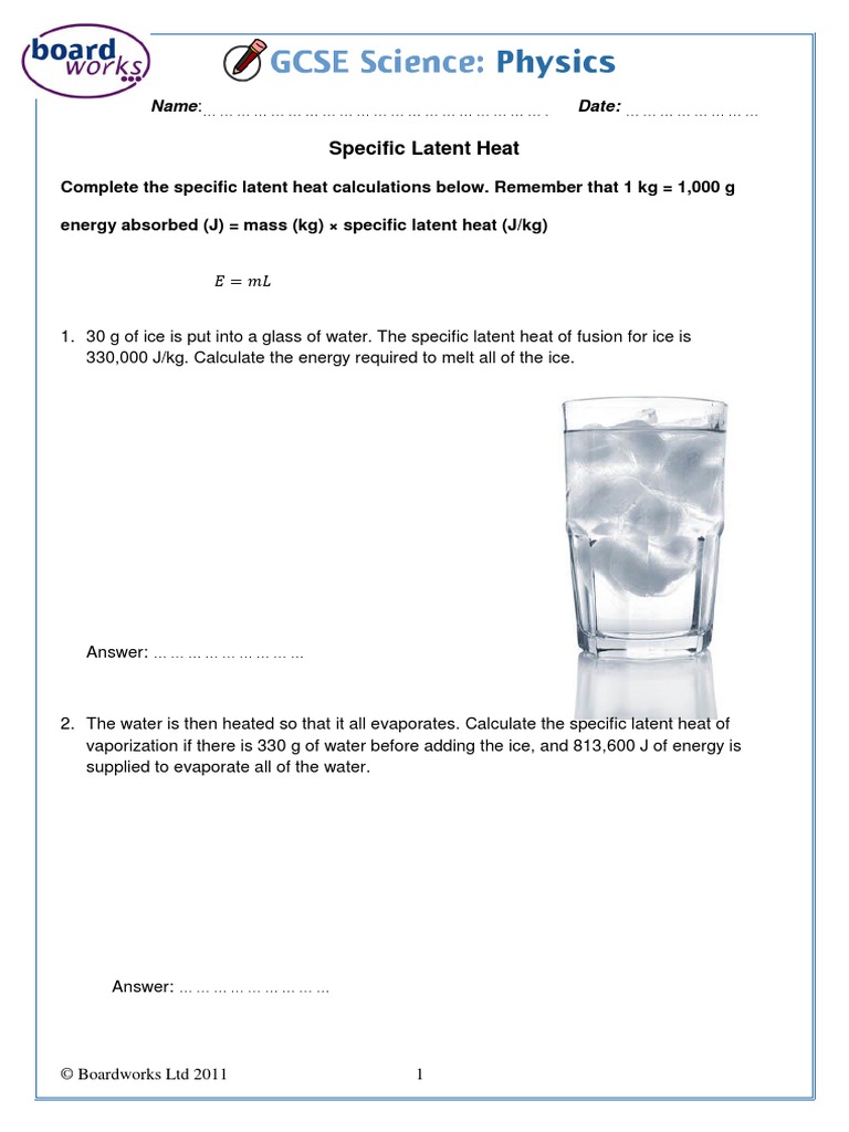 Calculating Specific Latent Heats: A Worksheet for Determining Energy ...