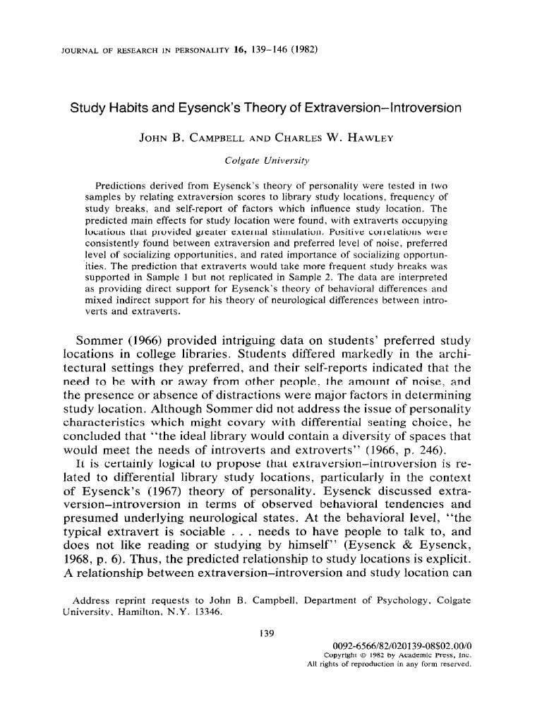 Study Habits and Eysenck's Theory of Extraversion-Introversion | Download Free PDF ...