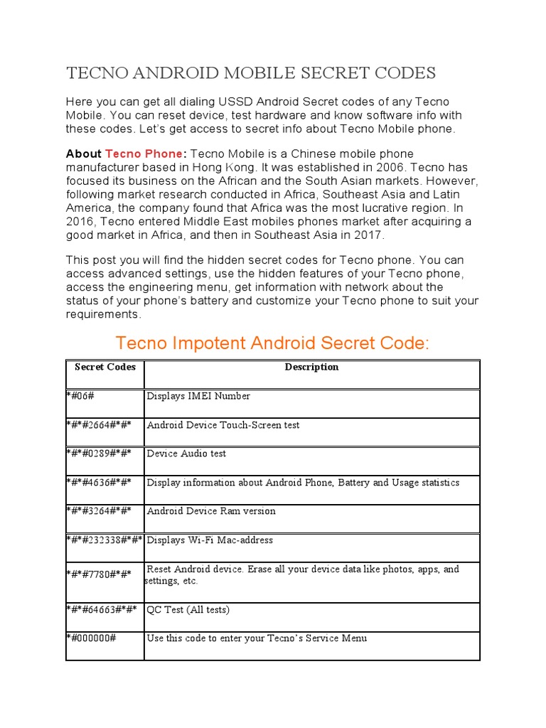 Tecno Android Mobile Secret Codes | PDF | Mobile Phones | Android ...