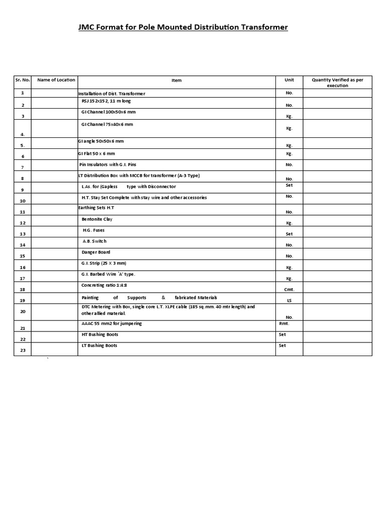 JMC FORMAT FOR Pole Mounted Distribution Transformer | PDF | Electrical ...