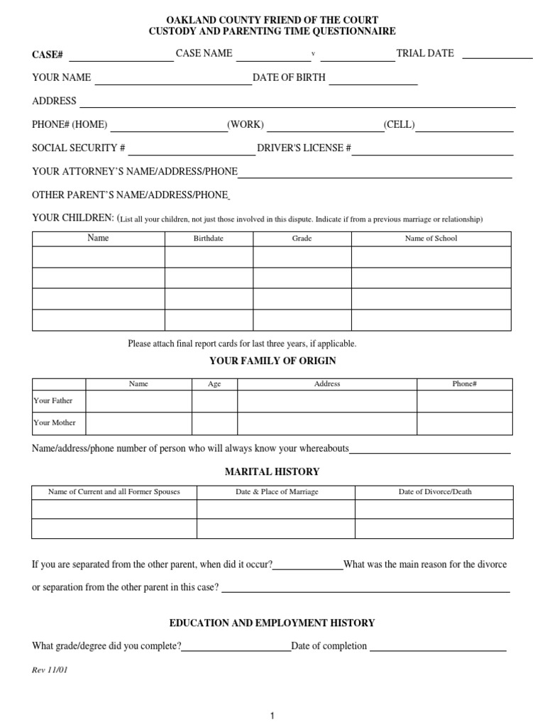 Custody and Parenting Time Questionnaire | PDF | Child Support | Child ...