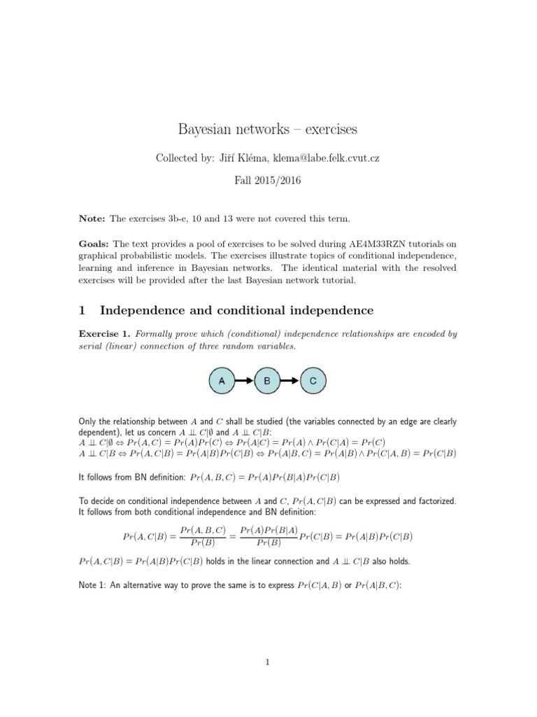 Bayesian Networks - Exercises: 1 Independence and Conditional Independence | PDF | Bayesian ...