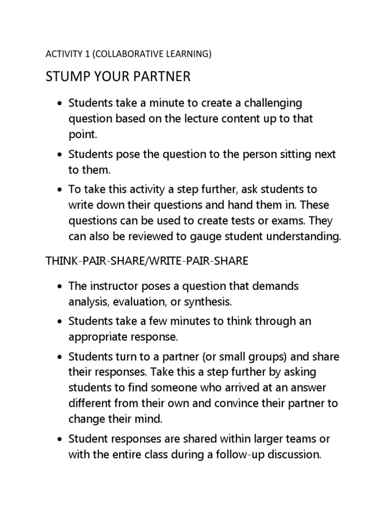 Stump Your Partner: Activity 1 (Collaborative Learning) | PDF