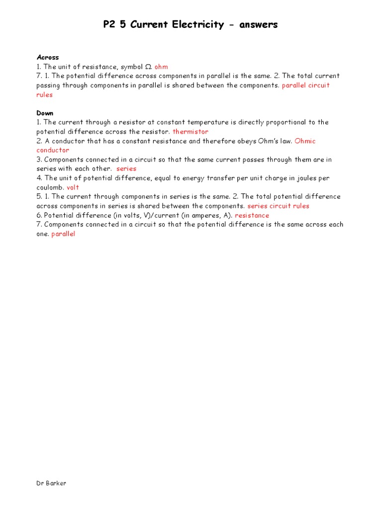 Current Electricity Crossword Answers | PDF | Science & Mathematics ...