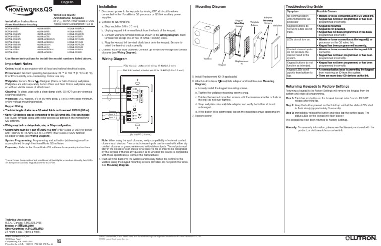Installation Instructions: Wired Seetouch Architectural Keypads | PDF | Electrical Wiring ...