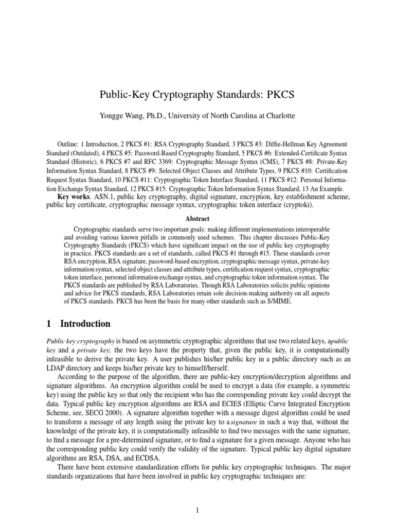 Public-Key Cryptography Standards: PKCS: Yongge Wang, PH.D., University ...