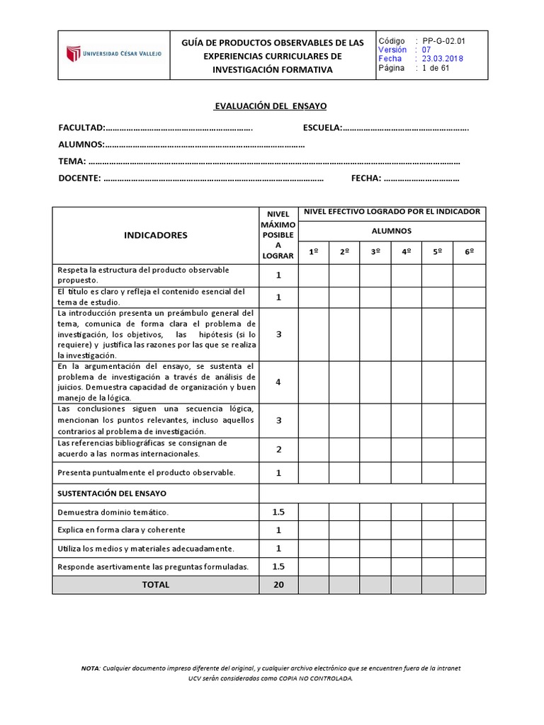 Rubrica para Evaluar El Ensayo | PDF | Ensayos | Aprendizaje