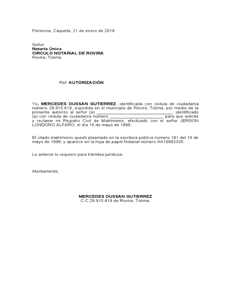 Autorización para Solicitar Registro Civil | PDF | Ley común | Derecho Civil (Common Law)