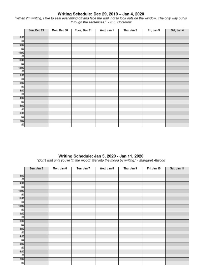 Writing Schedule: Dec 29, 2019 - Jan 4, 2020 | Download Free PDF | Writers