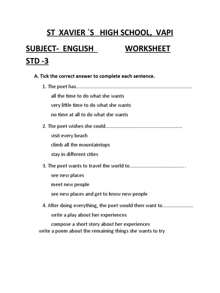 ST Xavier 'S High School, Vapi Subject-English Worksheet STD - 3 | PDF