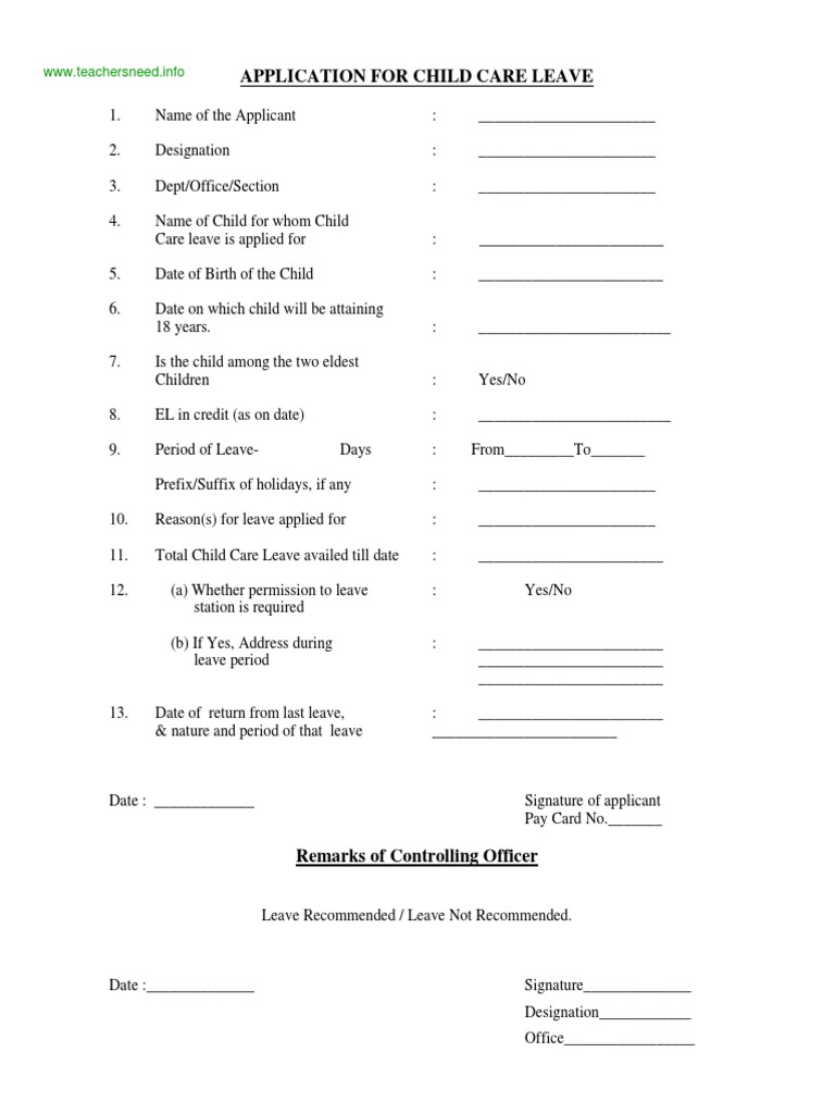 Application For Child Care Leave: WWW - Teachersneed.info | PDF