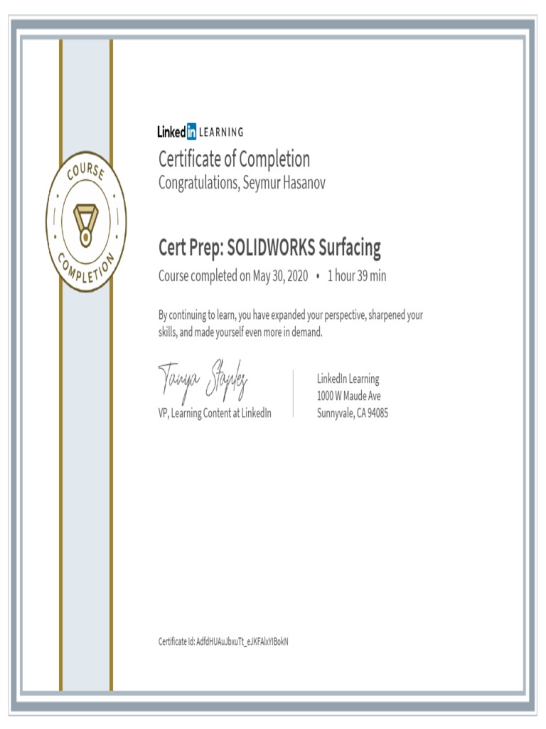 CertificateOfCompletion - Cert Prep - SOLIDWORKS Surfacing | PDF ...