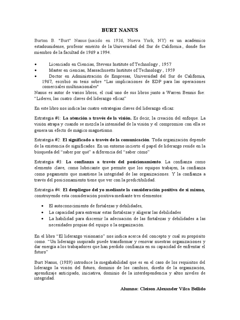 48 BURT NANUS, Alumno CLEISON ALEXANDER VILCA BELLIDO | PDF | Liderazgo ...