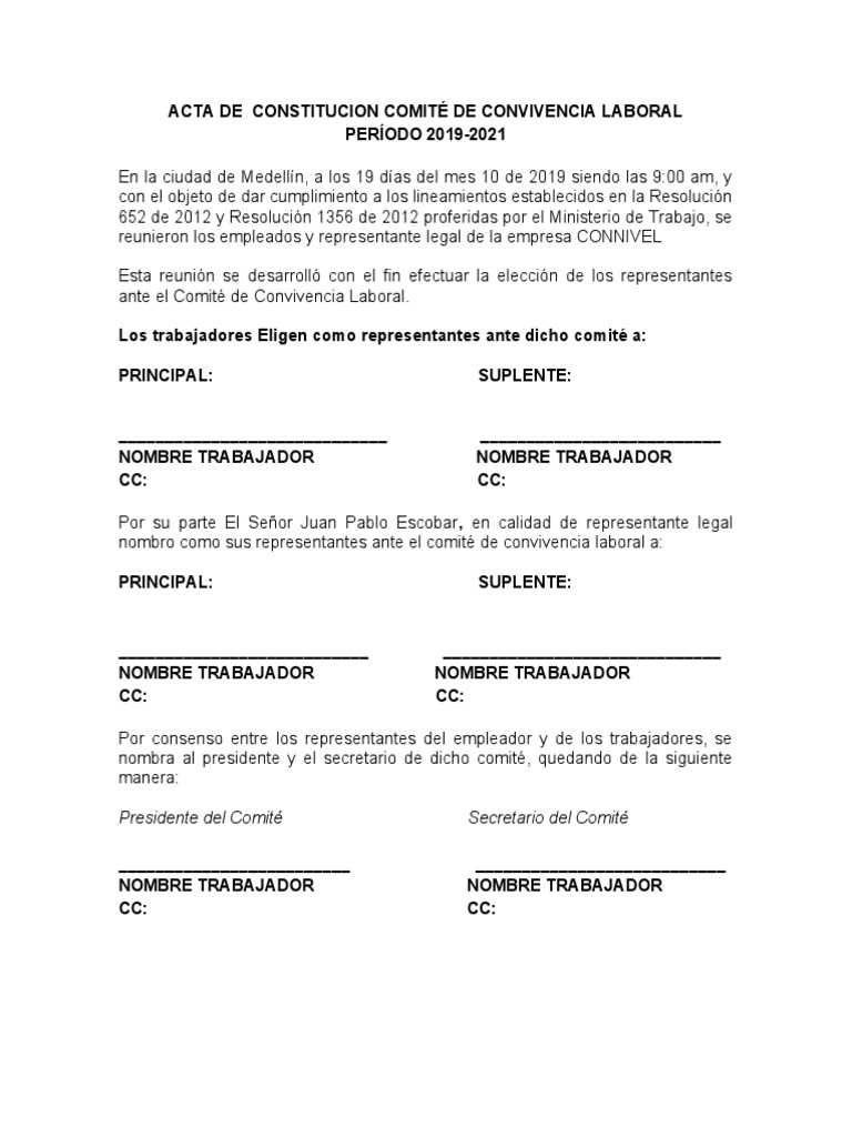 Acta Conformacion Comite Convivencia Laboral | PDF | Finanzas y dinero
