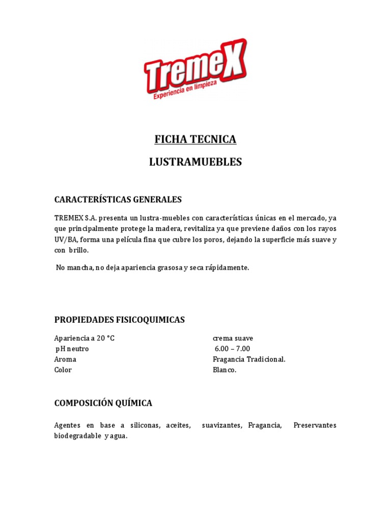 Ficha Tecnica Lustramuebles: Características Generales | PDF