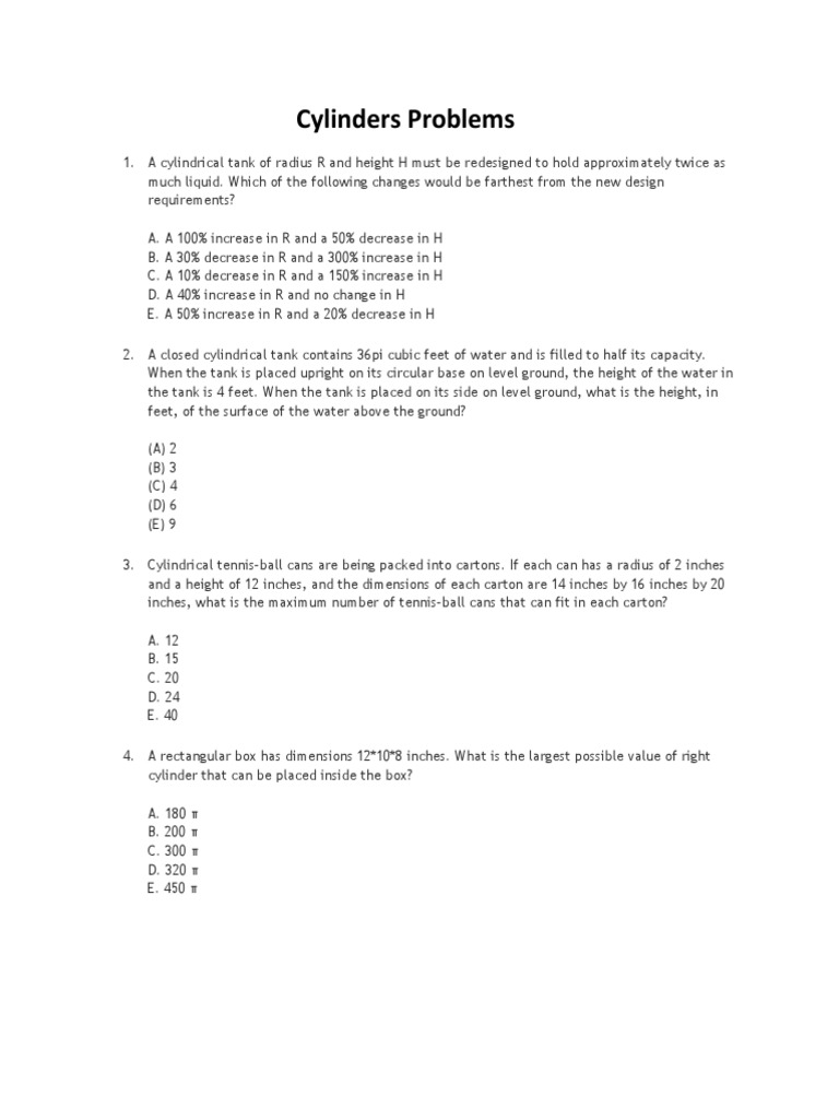 Cylinders Problems | PDF | Volume | Sphere