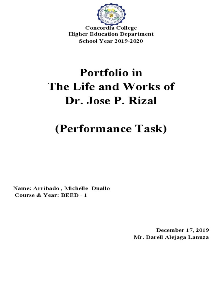 Portfolio in The Life and Works of Dr. Jose P. Rizal (Performance Task ...