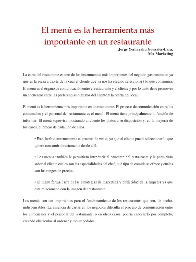 El Menú Es La Herramienta Más Importante en Un Restaurante PDF | PDF ...