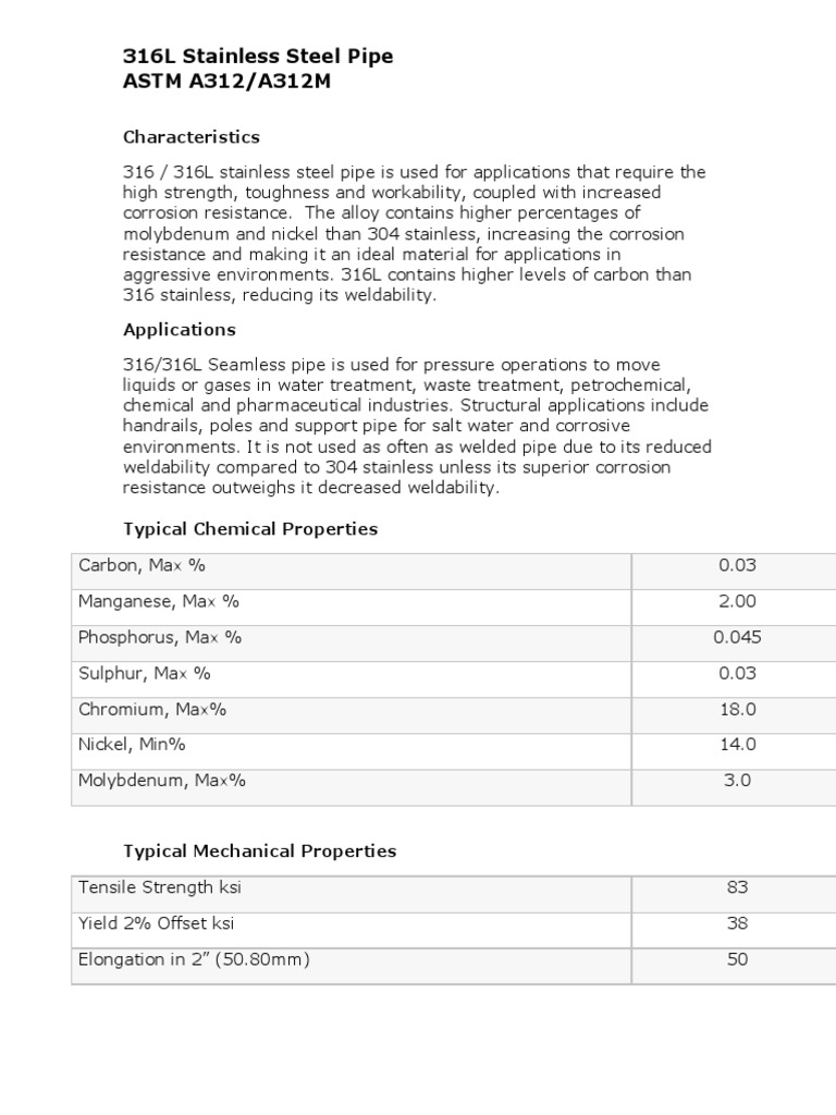 316L Stainless Steel Pipe ASTM A312/A312M: Characteristics | PDF