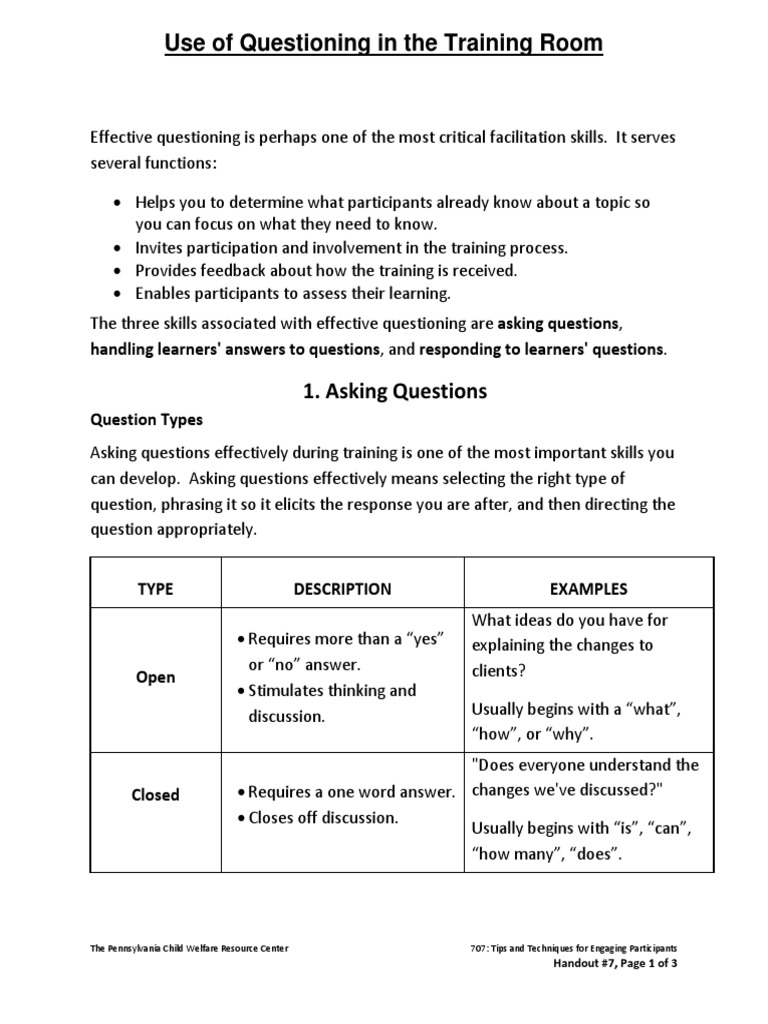 Use of Questioning in The Training Room: Handling Learners' Answers To ...