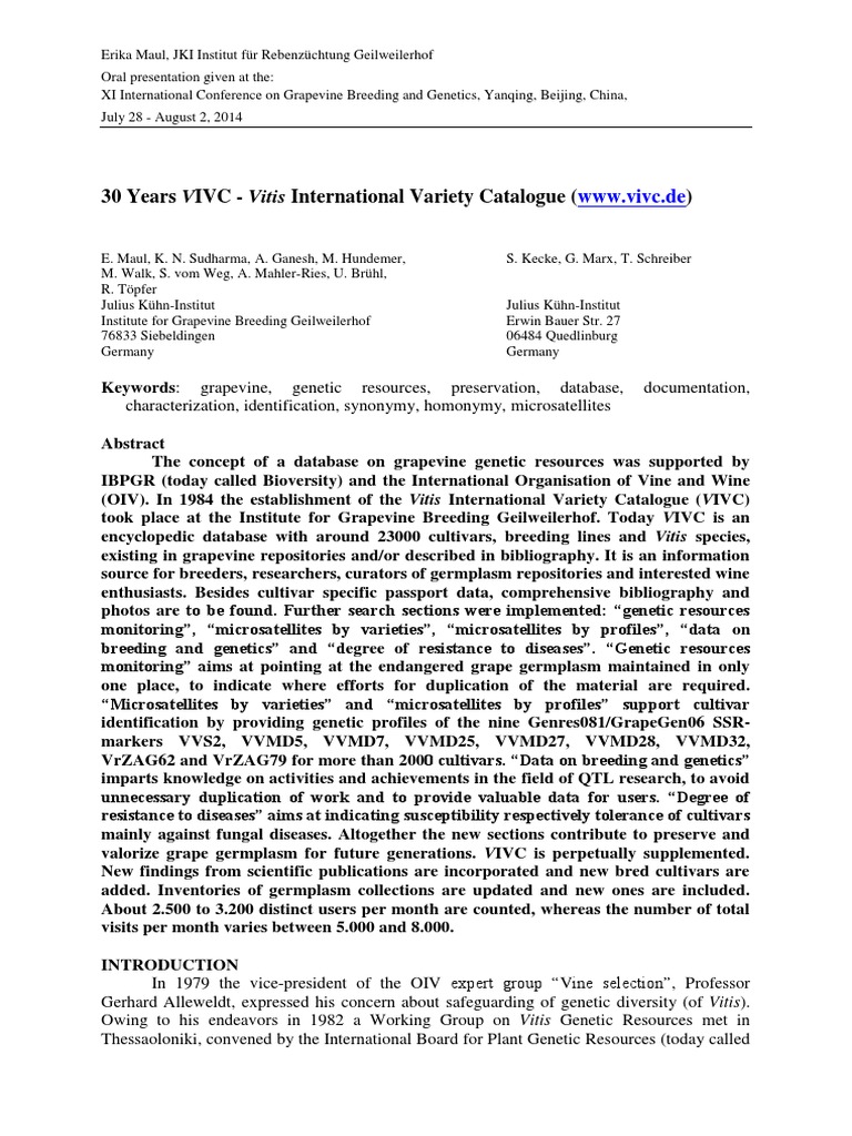30 Years VIVC - Vitis International Variety Catalogue | PDF | Vitis ...