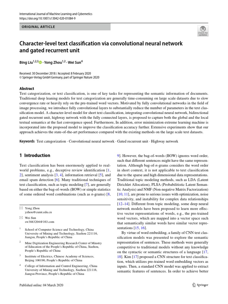 Character Level Text Classification Via Convolutional Neural Network and Gated Recurrent Unit ...