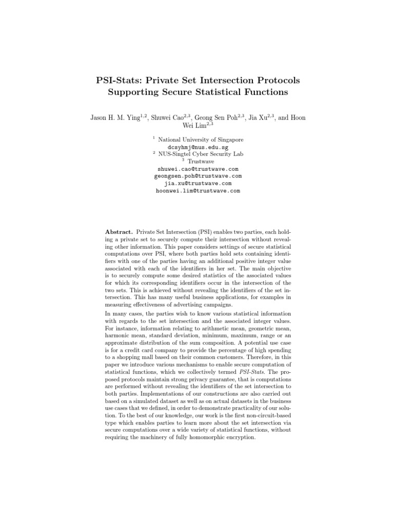 PSI-Stats: Private Set Intersection Protocols Supporting Secure ...