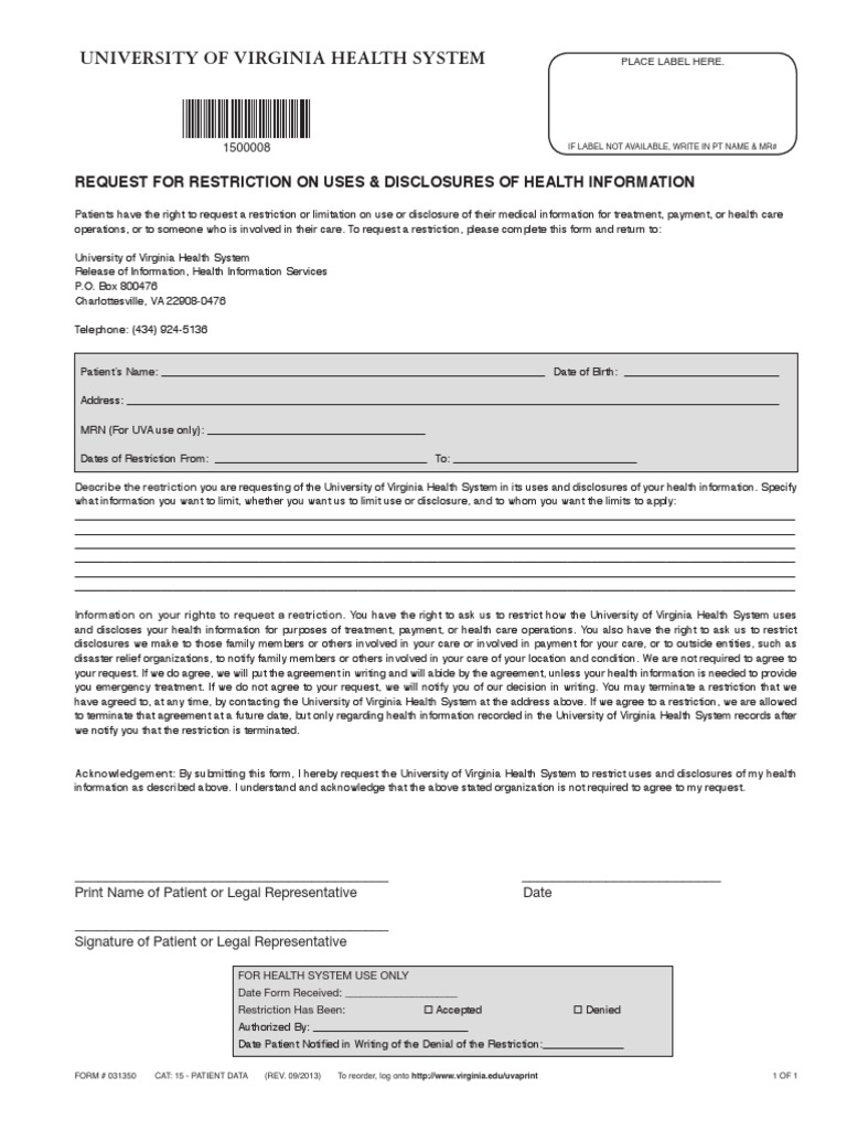 Health Information Restriction Request Form | PDF | Health System | Health Informatics