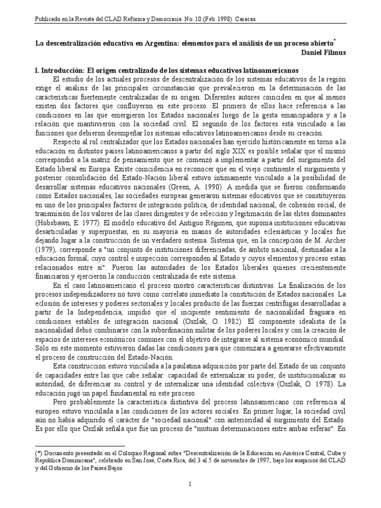 La Descentralización Educativa En Argentina Pdf Pdf Estado