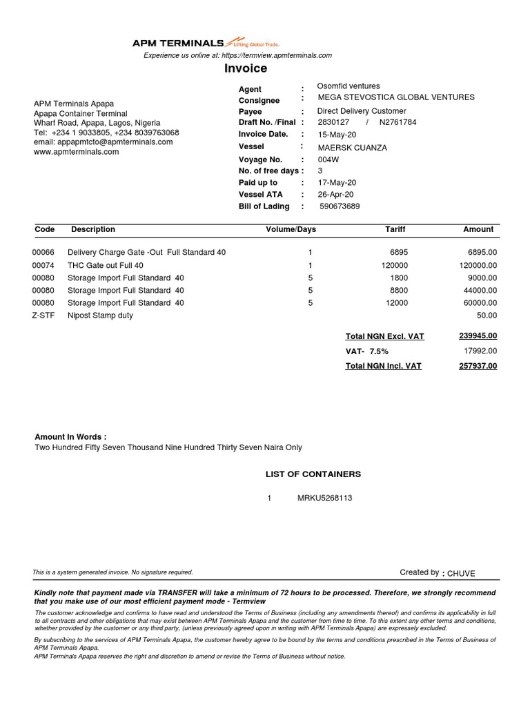 Invoice: List of Containers | PDF | Payments | Invoice