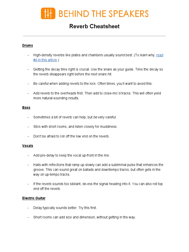 Reverb Cheatsheet 2 | PDF | Sound Technology | Sound