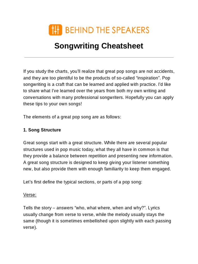 Songwriting Cheatsheet | PDF | Song Structure | Musical Compositions