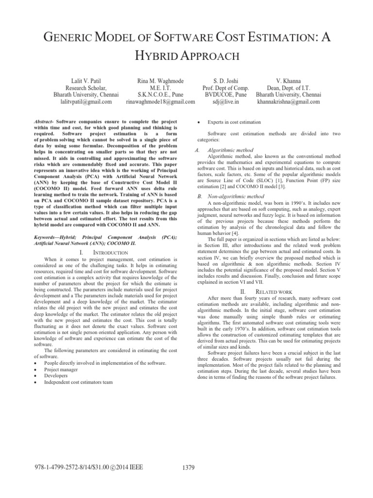 Generic Model Of Software Cost Estimation A Hybrid Approach Pdf Principal Component