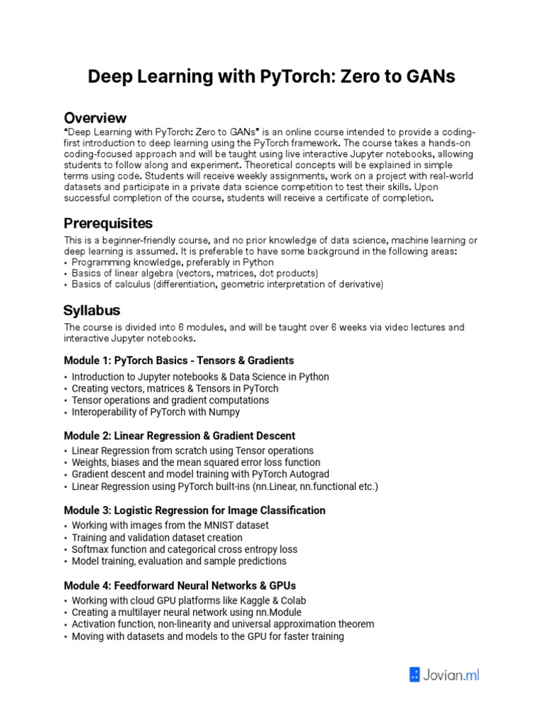 Course Overview - Deep Learning With PyTorch Zero To GANs PDF | PDF | Artificial Neural Network ...