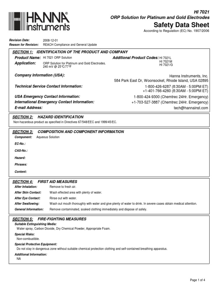 Safety Data Sheet: HI 7021 ORP Solution For Platinum and Gold ...