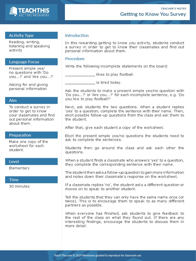 Getting To Know You Survey | PDF | Question | English As A Second Or ...
