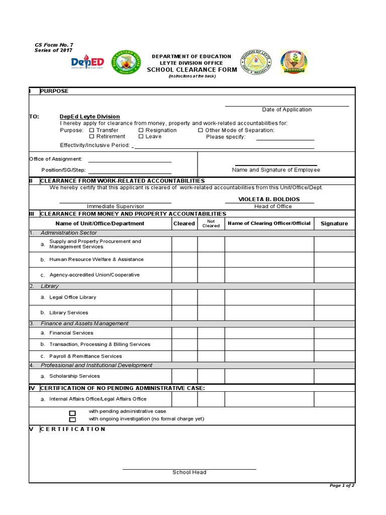 School Clearance Form: CS Form No. 7 Series of 2017 | Download Free PDF ...