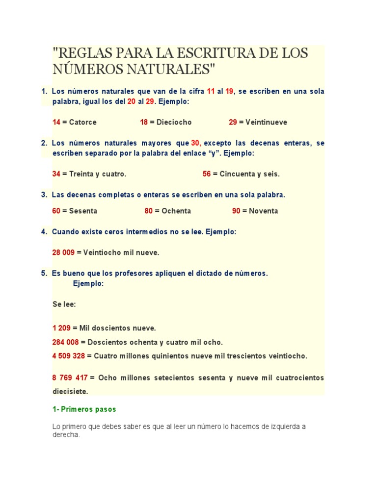 REGLAS PARA LA ESCRITURA DE LOS NÚMEROS NATURALES Clase Lectura y ...