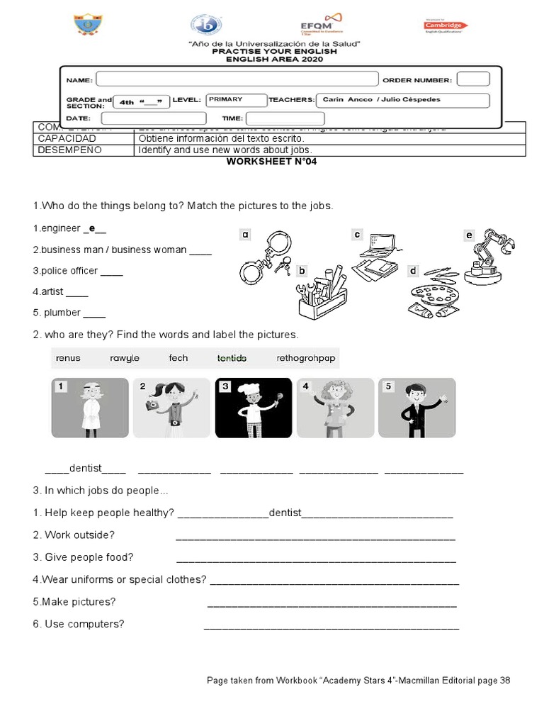 English Job Vocabulary Worksheet | PDF