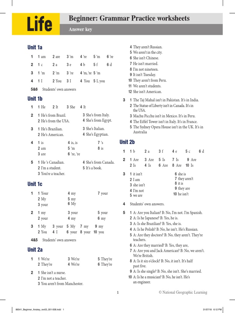 Life Life: Beginner: Grammar Practice Worksheets | PDF