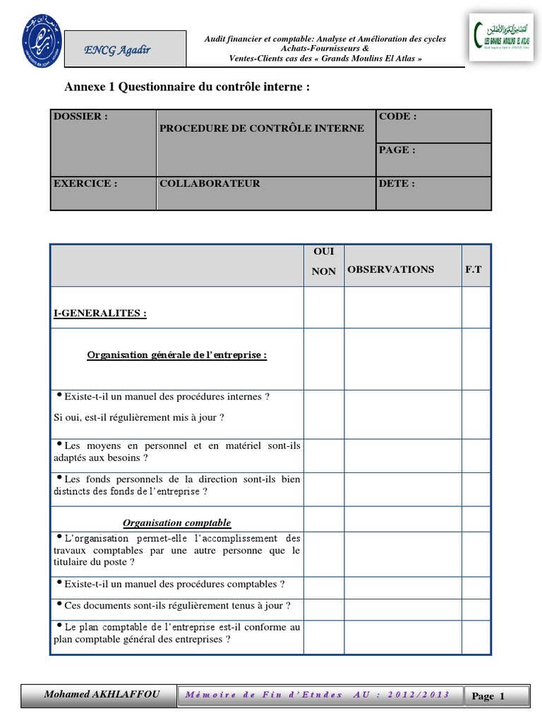 Annexe 1 Questionnaire Du Contrôle Interne PDF | PDF | Comptabilité ...