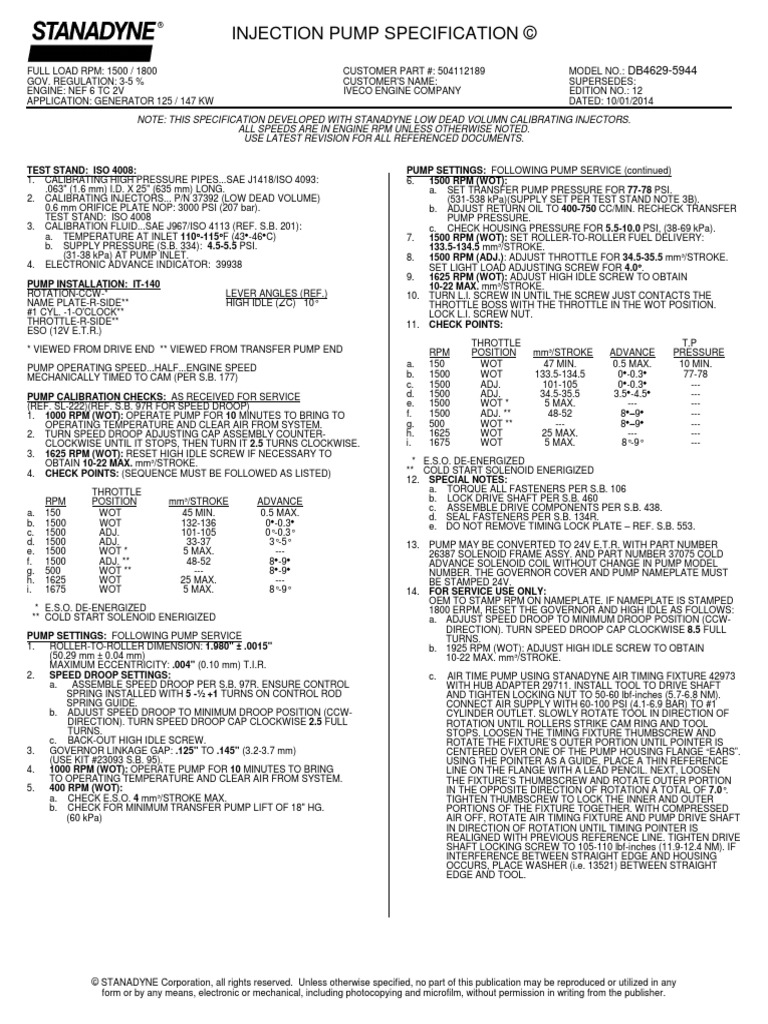 Injection Pump Specification © | PDF | Fuel Injection | Pump