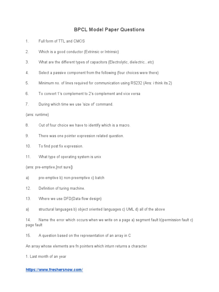 BPCL Model Paper Questions | PDF | Pointer (Computer Programming ...