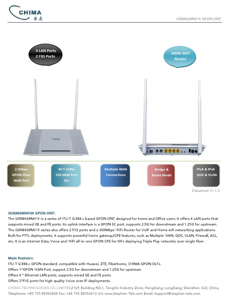 4 Lan Ports 2 Fxs Ports 300M Wifi Router: Sgn8668Mvw Gpon Ont | PDF ...
