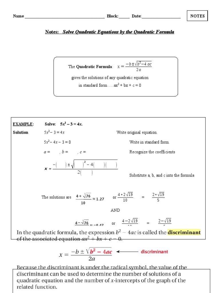 Notes - Quadratic Formula | Download Free PDF | Quadratic Equation ...