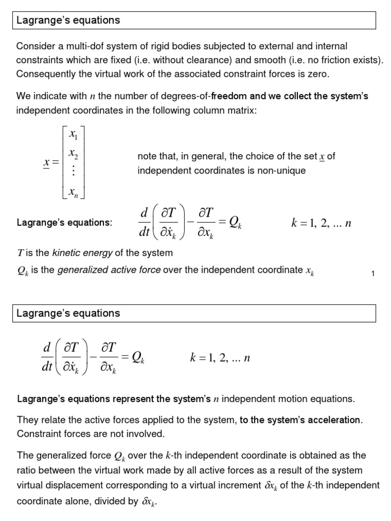 Lagrange Equations | PDF | Lagrangian Mechanics | Velocity