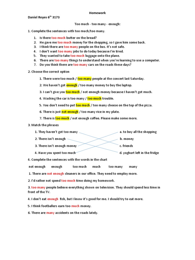 EXERCISE Too Much - Too Many - Enough | PDF | Cooking, Food & Wine