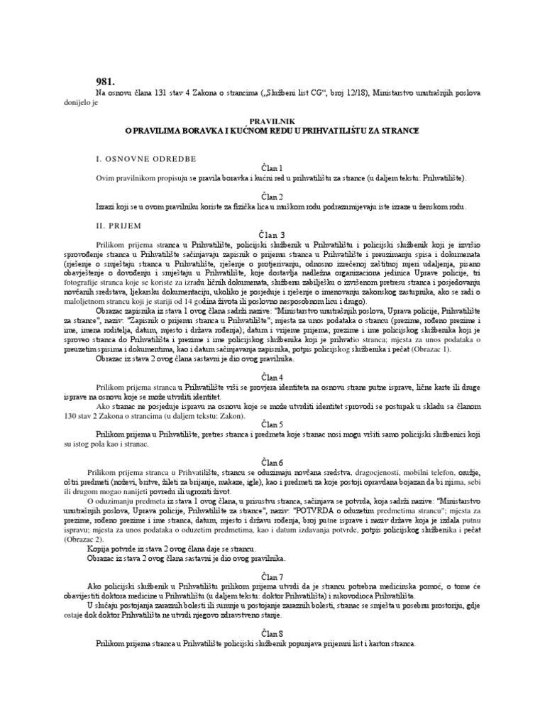 Pravilnik o Pravilima Boravka I Kućnom Redu U Prihvatilištu Za Strance ...
