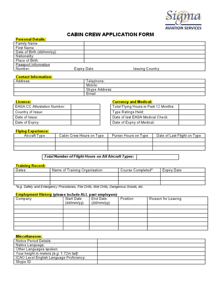 Cabin Crew Application Form: Personal Details | PDF
